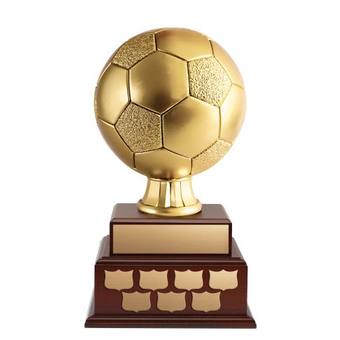Soccer Resin on 2-Tier Mahogany Finish Wood Base, Gold 15"